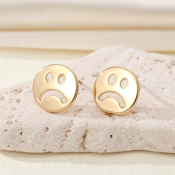 chichigems | Jewelry | Funny Gold Frowny Sad Face Unisex Stud Earrings ...